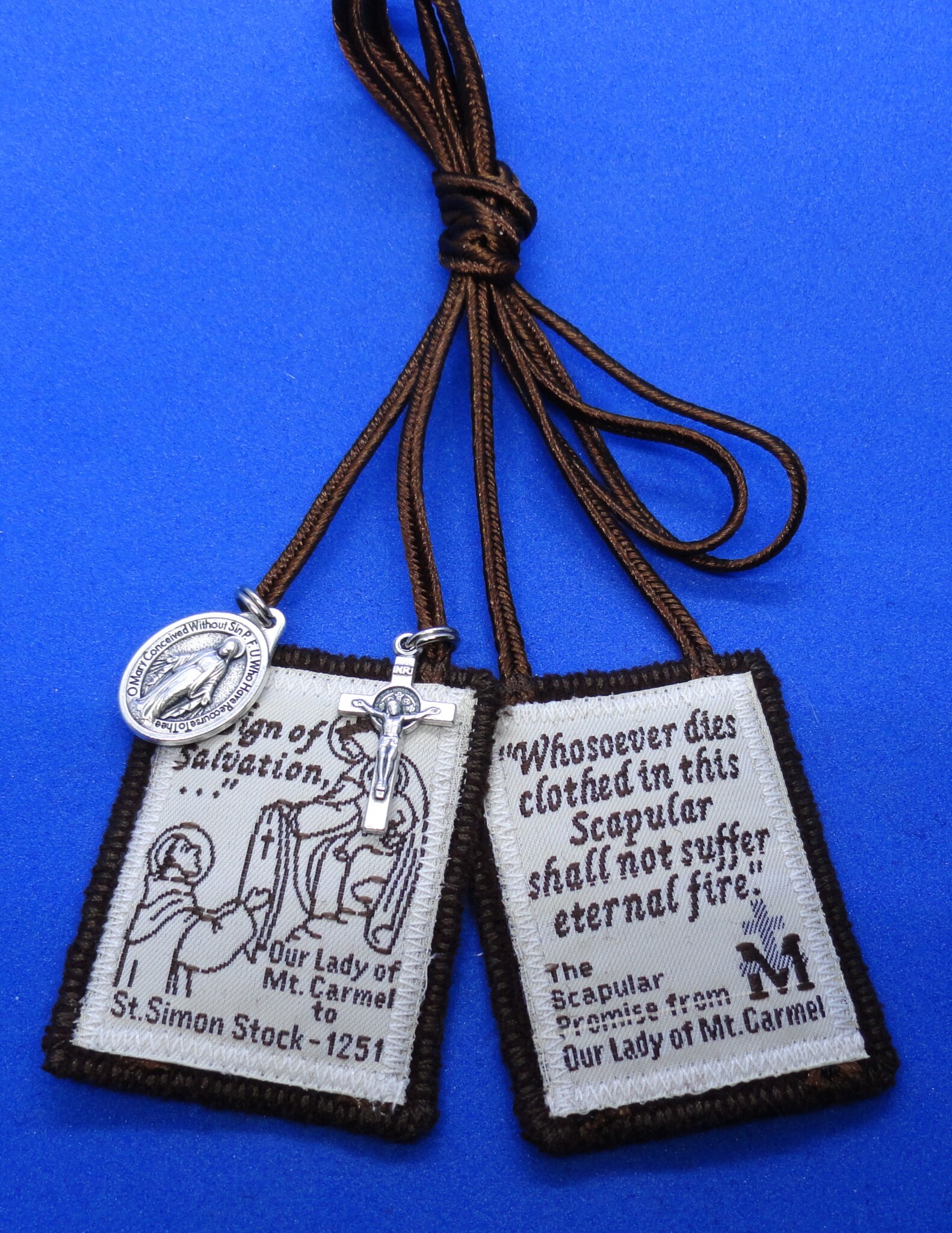 Three (3) Traditional Brown Wool Catholic Scapulars + Miraculous Medal ...