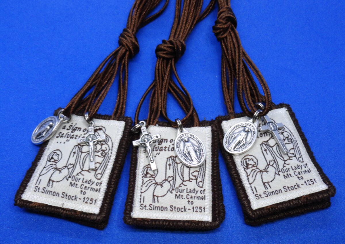 Three (3) Traditional Brown Wool Catholic Scapulars + Miraculous Medal ...