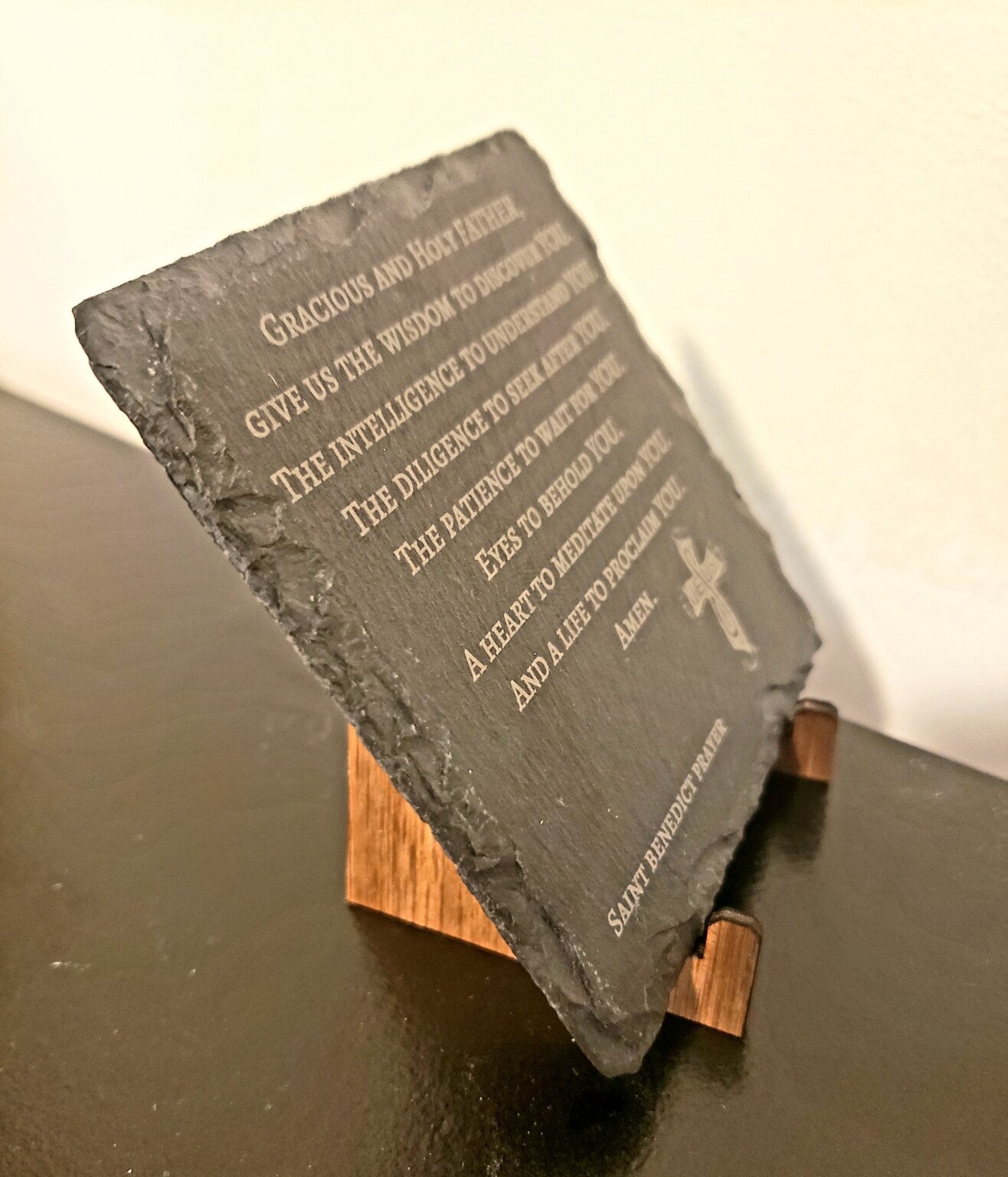Saint benedict Laser engraved slate prayer tablet with laser cut wood ...