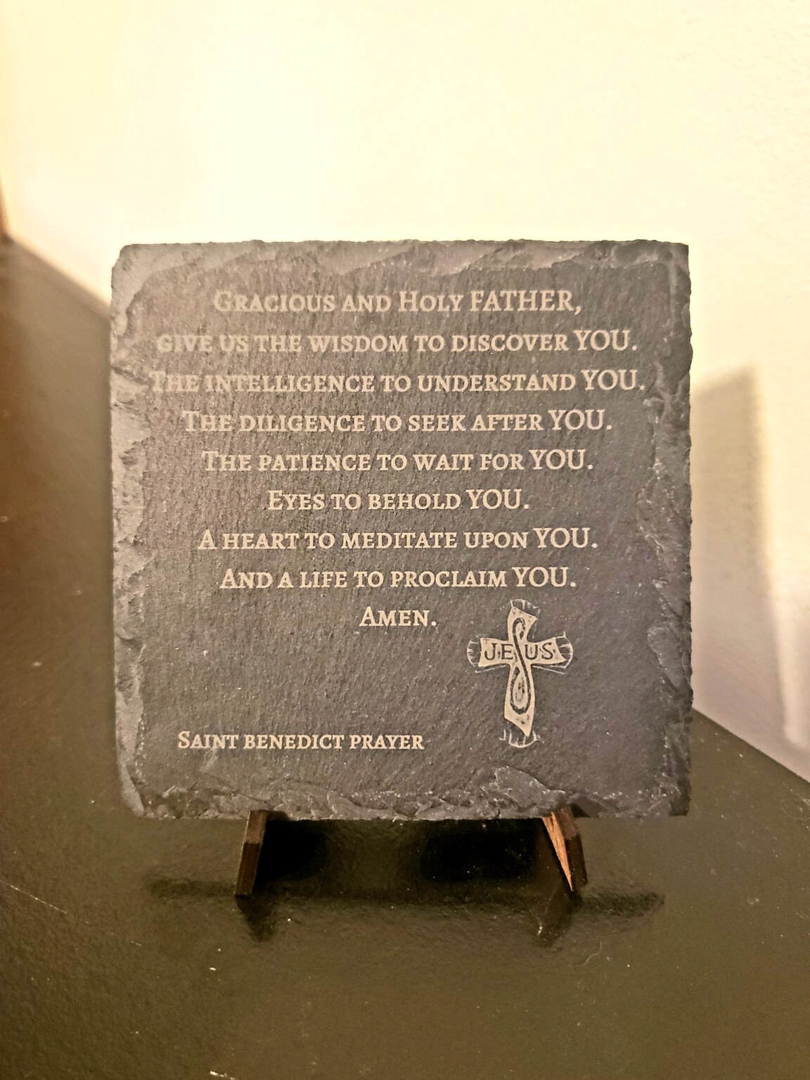 Saint benedict Laser engraved slate prayer tablet with laser cut wood ...