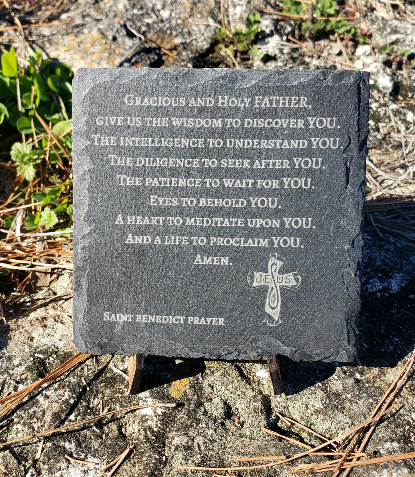 Saint benedict Laser engraved slate prayer tablet with laser cut wood ...
