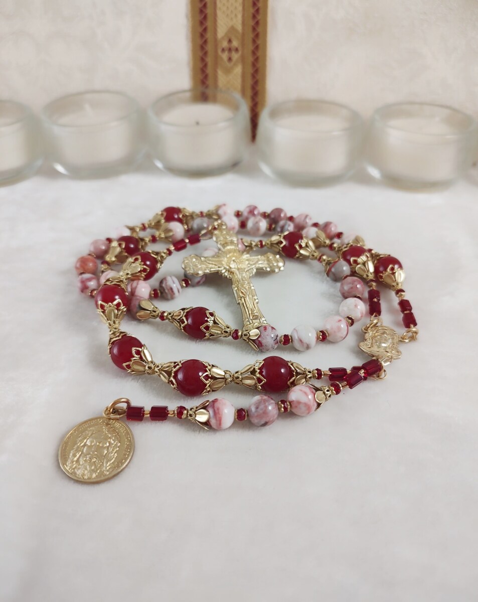 Gemstone Holy Face Chaplet with Suffragia, Rare Peruvian Red Thulite ...